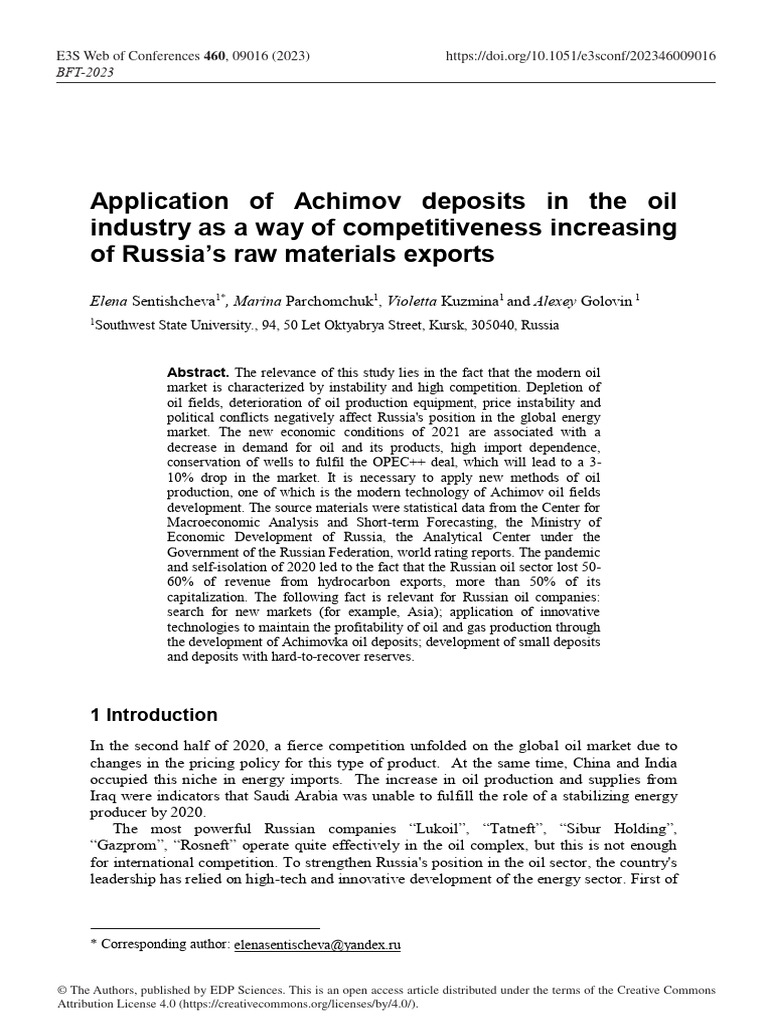 Application of Achimov Deposits in The Oil Industry As A Way of ...