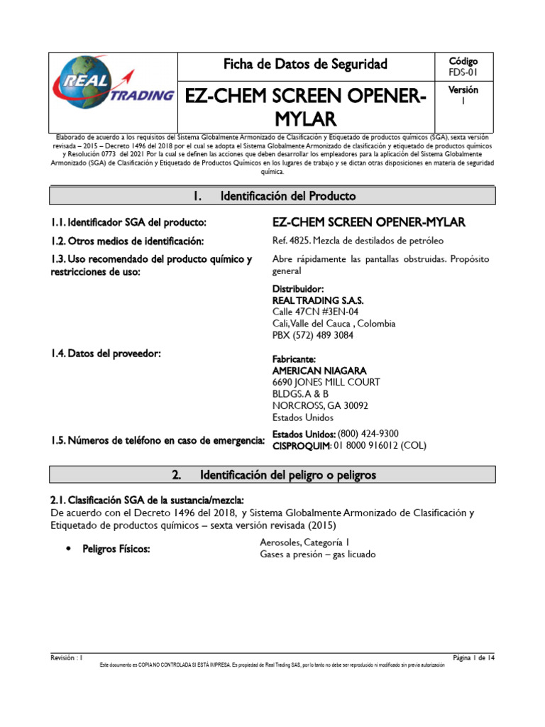 Ficha de Seguridad EZ-Chem Screen Opener | PDF | Química