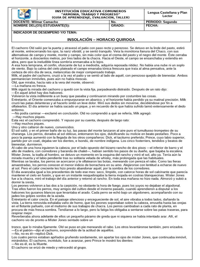 Análisis de "Insolación" de Horacio Quiroga | PDF