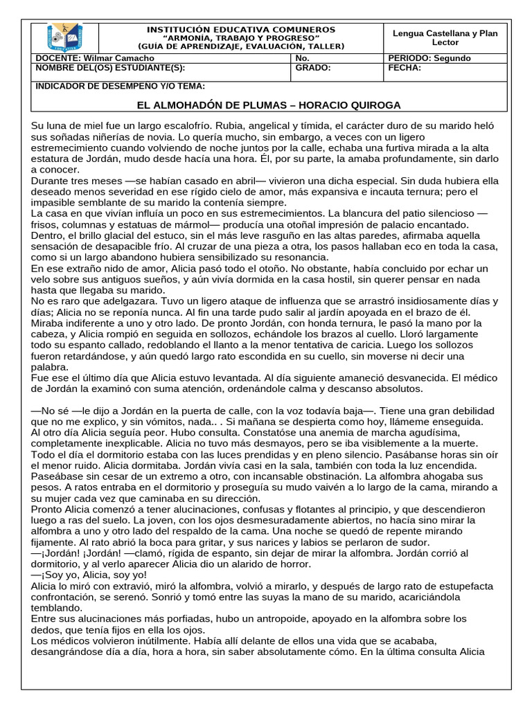 El Almohadón de Plumas - Horacio Quiroga | PDF