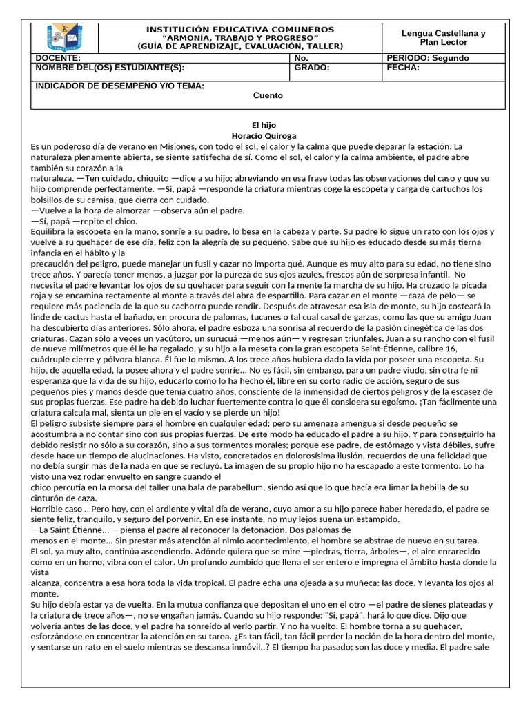 Cuento El hijo HORACIO QUIROGA | PDF