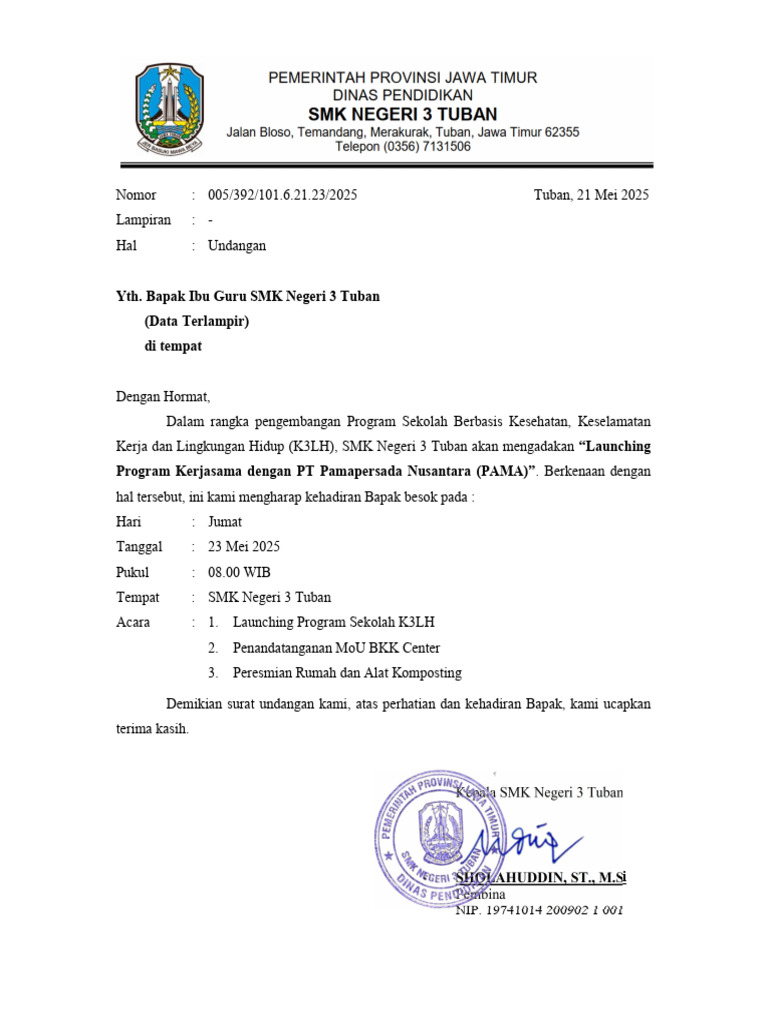 Surat Undangan Guru Program Pama Safe School | PDF