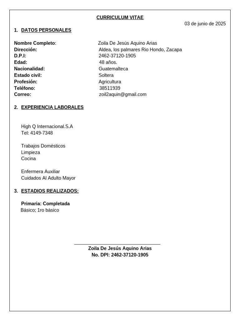 Zoila de Jesús Aquino Arias CV | PDF