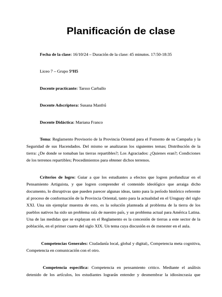 Planificacíon Clase Deartigas Reglamento | PDF | Enseñando | Maestros