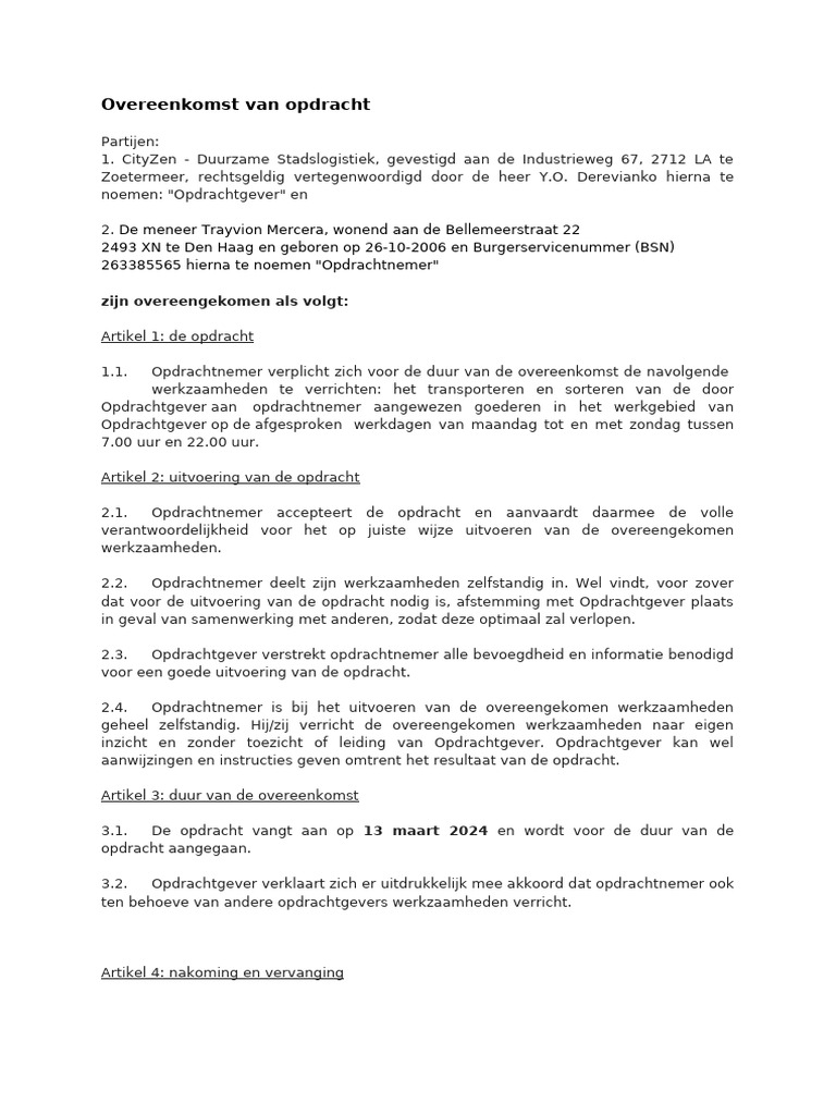De Overeenkomst Van Opdracht (Trayvion Mercera X DFKZ) | PDF