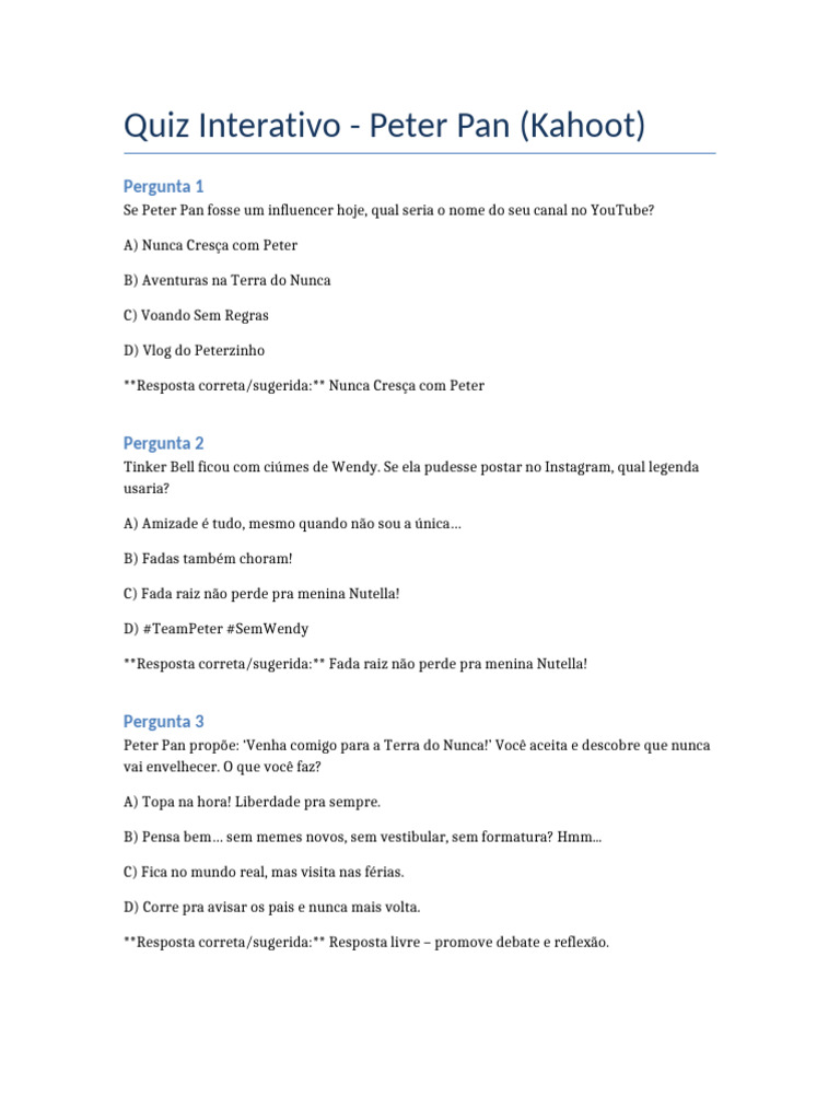 Quiz Interativo sobre Peter Pan | PDF | Peter e Wendy