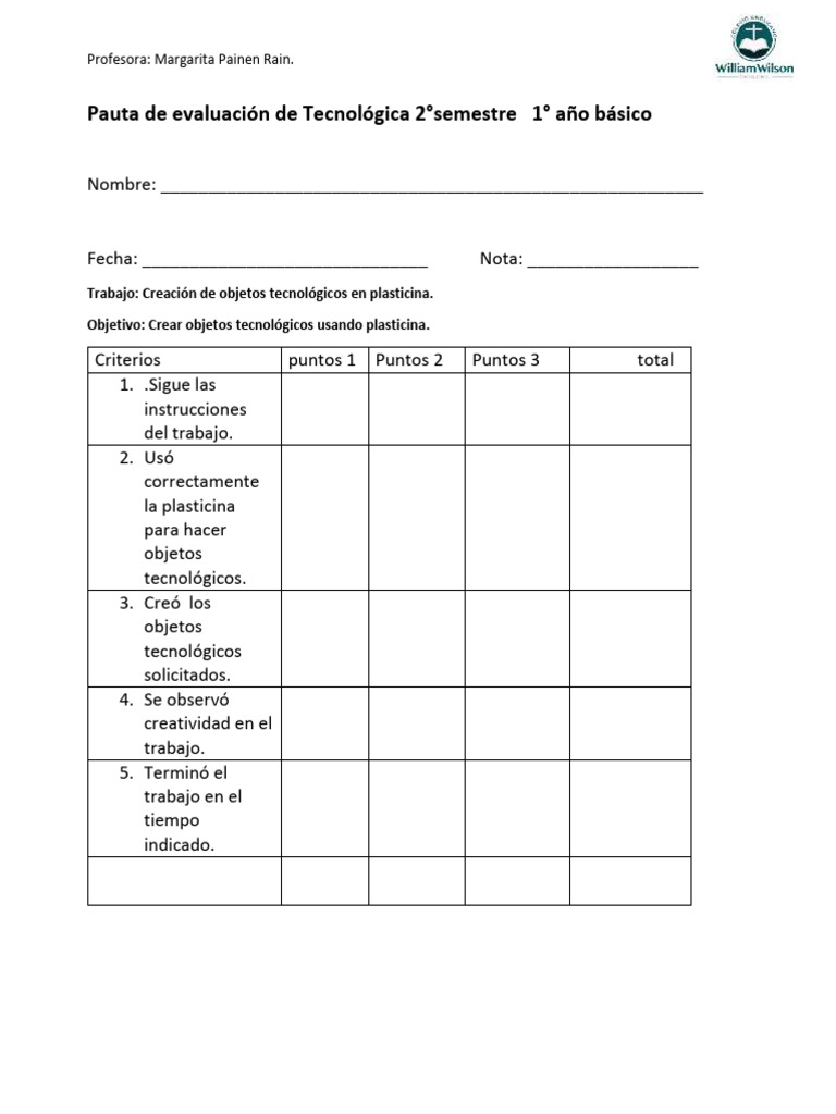 Pauta Evaluacion Tecnológica 1° Básico | PDF