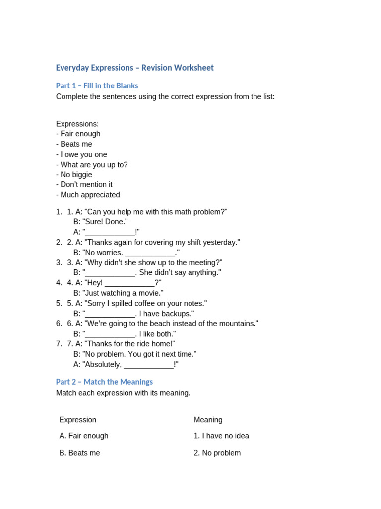 Everyday Expressions Revision Worksheet | PDF
