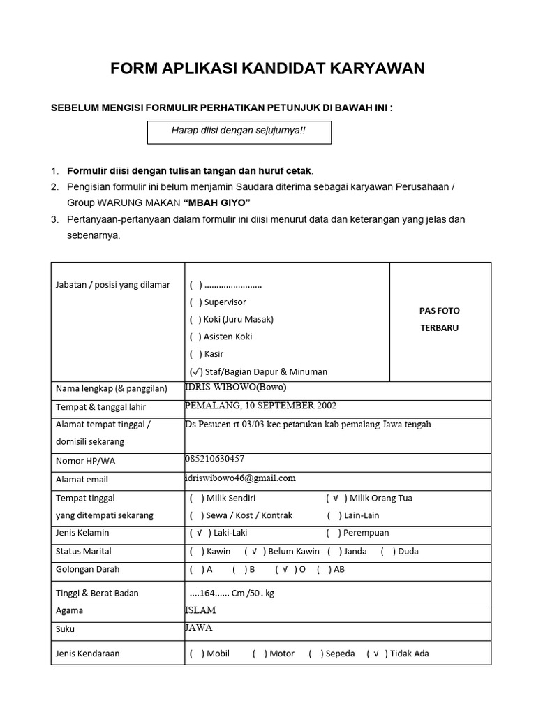 Form Kandidat Karyawan Idris Wibowo | PDF