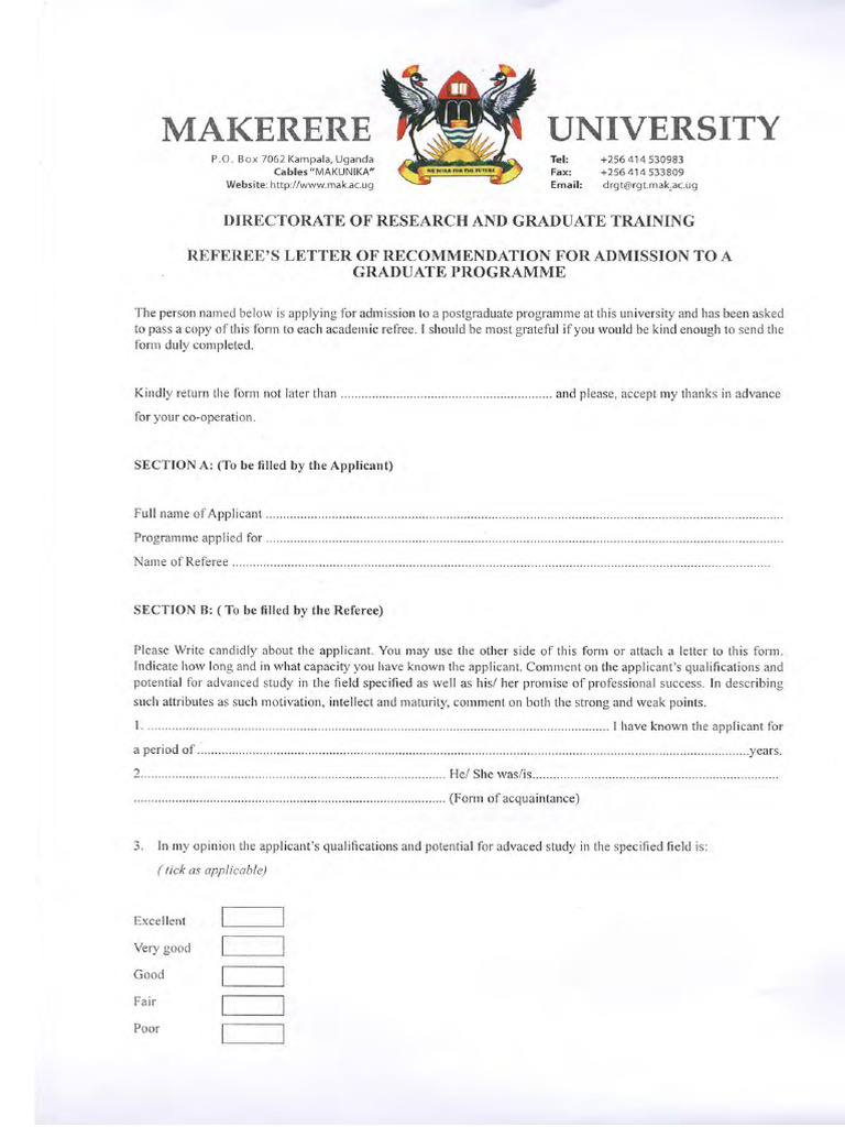 Makerere Referee Form Graduate Programmes 2 | PDF
