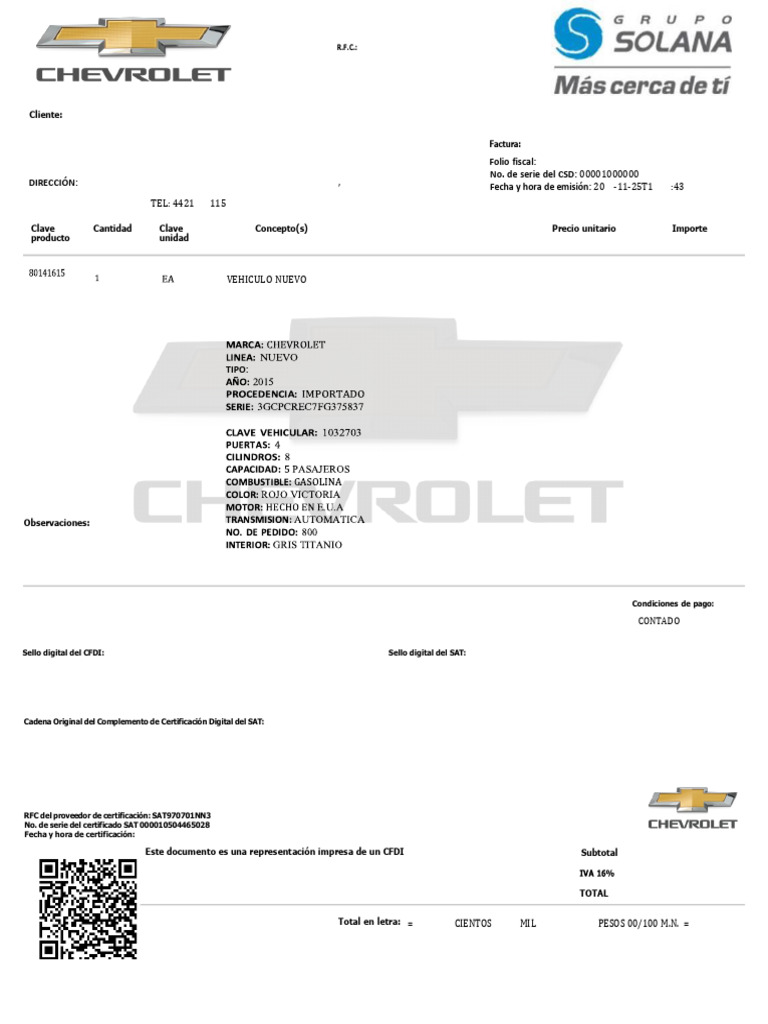 Factura Vehículo Silverado 1500 2014 | PDF | Coche | Autos de los ...