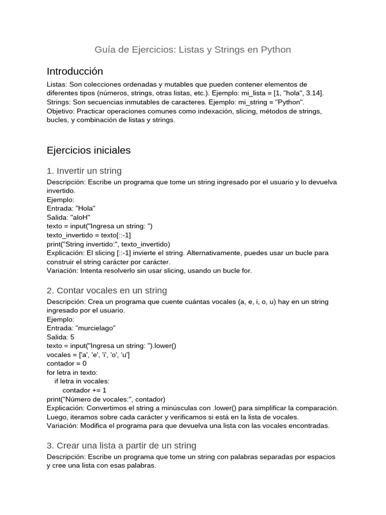 Guia Listas Strings Python | PDF | Python (lenguaje de programación) | Cadena (informática)