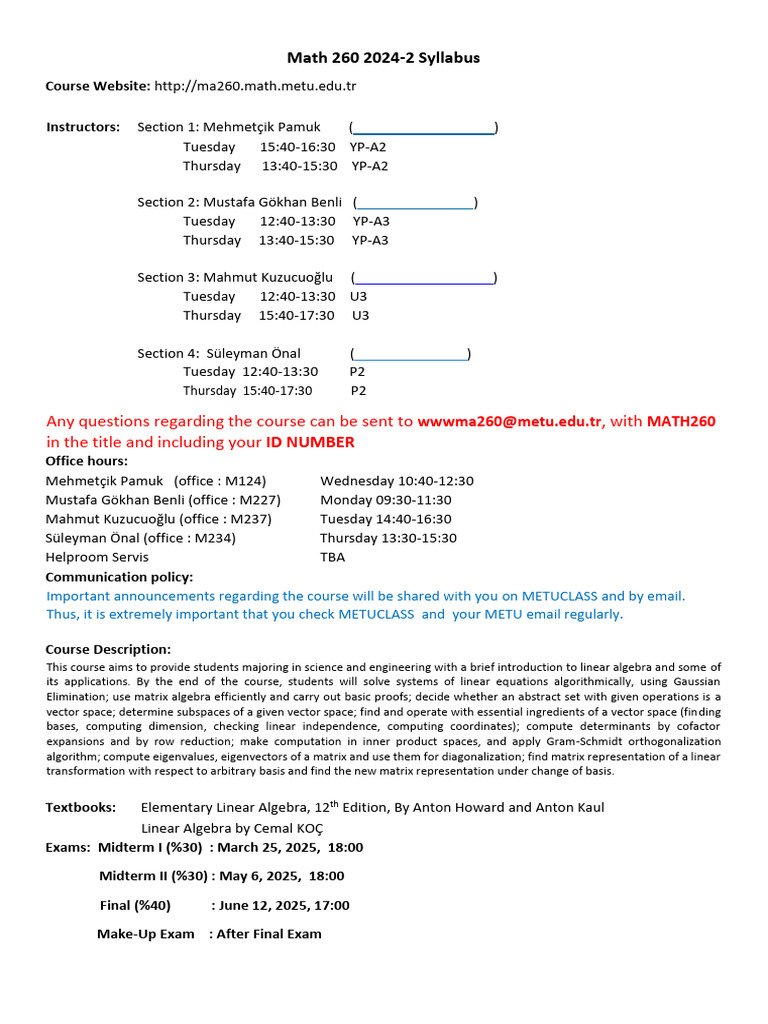 Math 260 Spring 2024-25 Spring Syllabus - v2 | PDF | Matrix (Mathematics) | Determinant