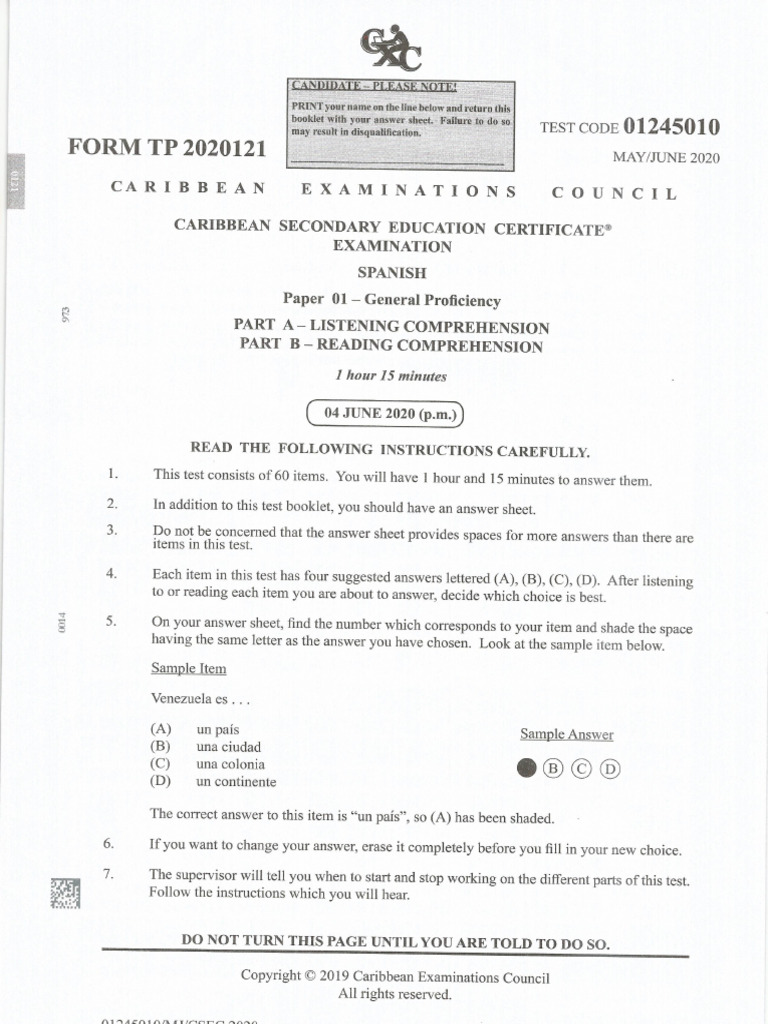 CSEC Spanish MayJune P1 2020 Answers | PDF