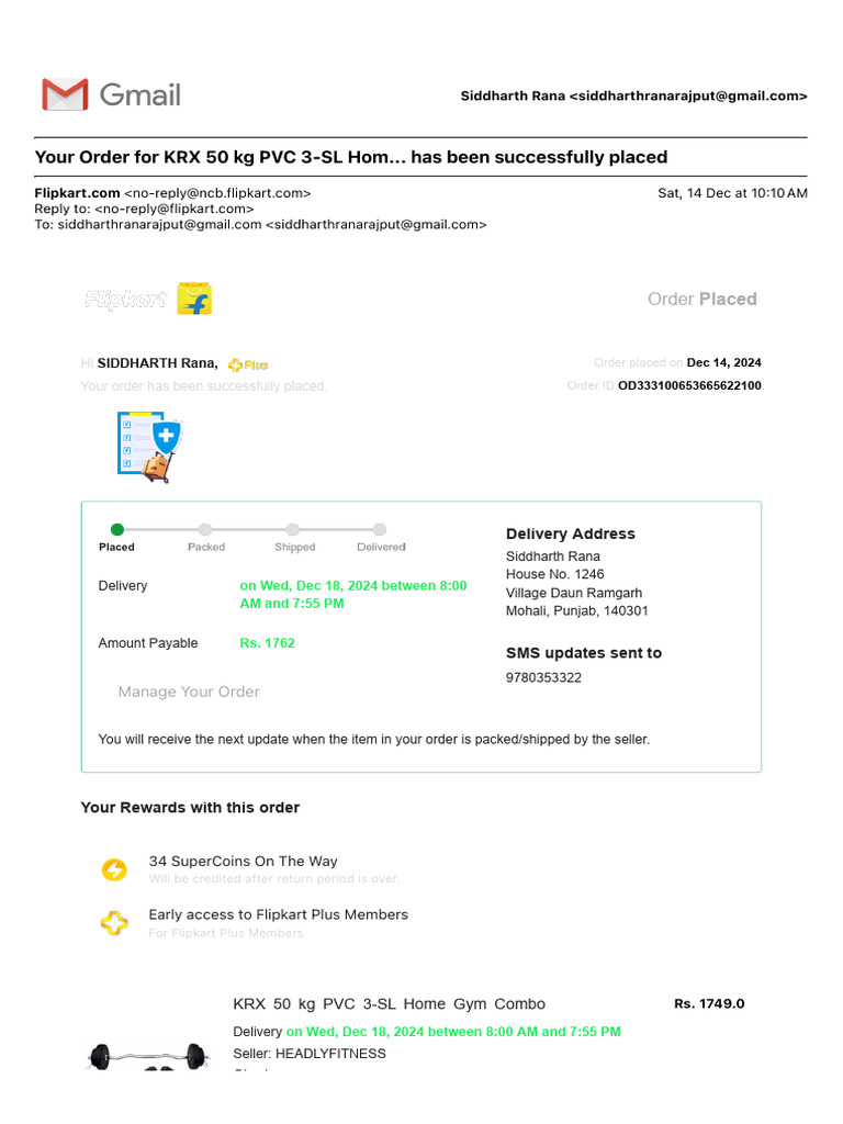 Your Order For KRX 50 KG PVC 3-SL Hom... Has Been Successfully Placed | PDF