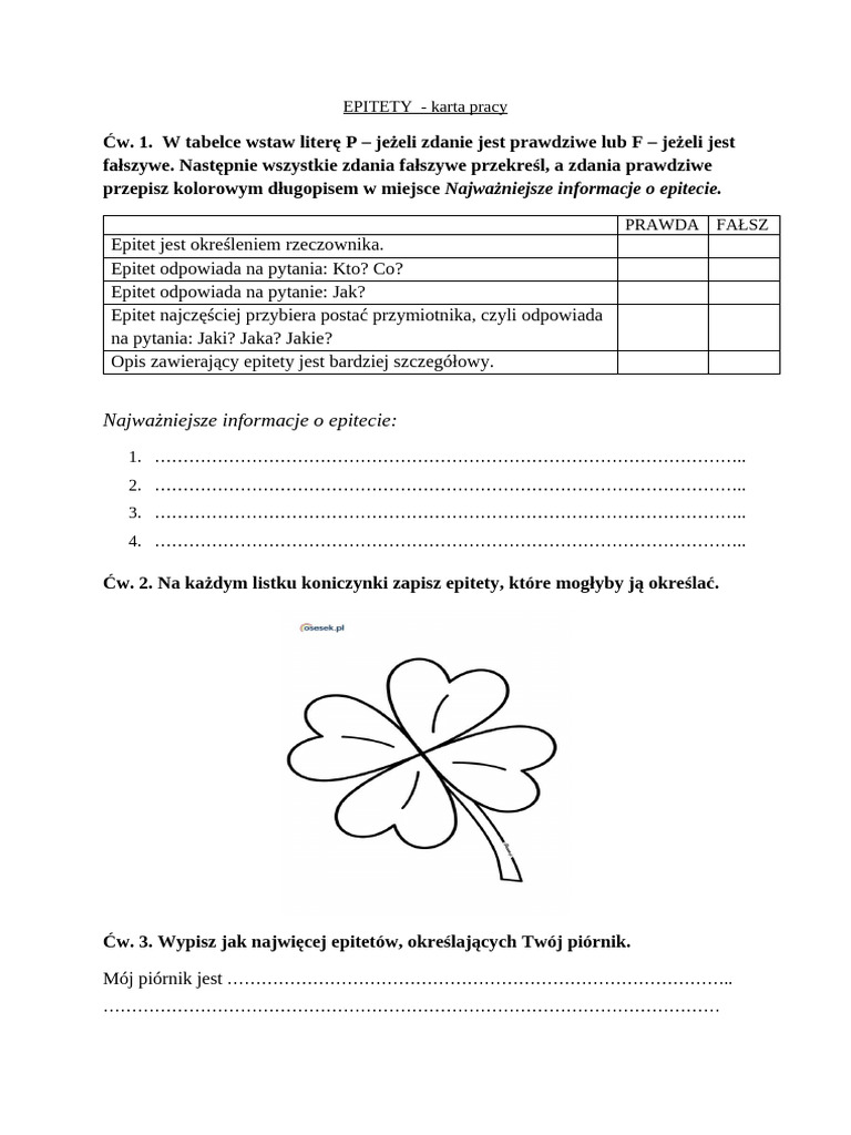Epitety Karta Pracy | PDF