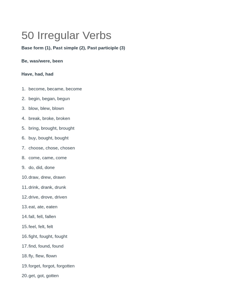 50 Irregular Verbs Pdf