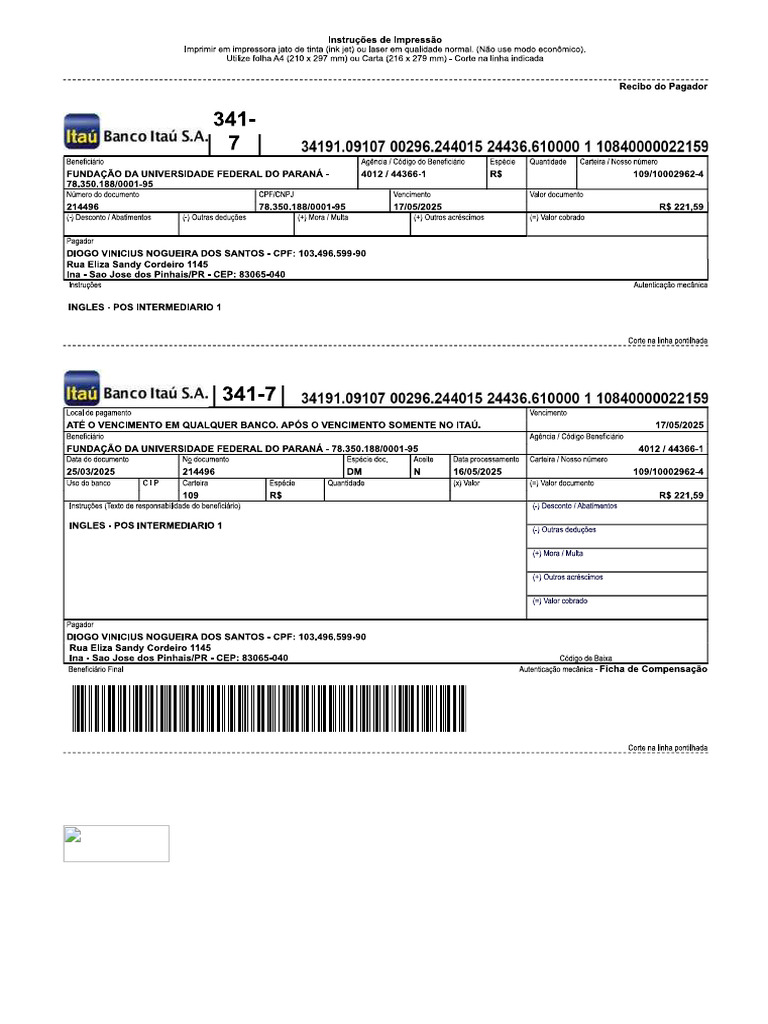 2 Parcela Boleto INGLES CELIN | PDF
