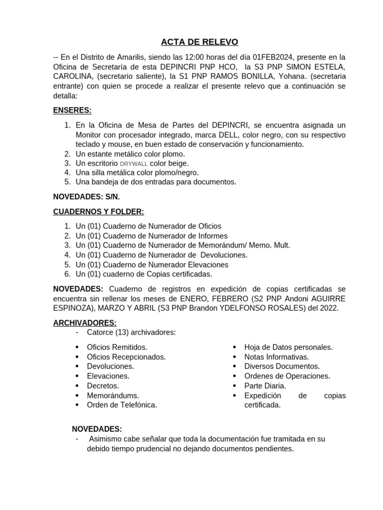 Acta de Relevo | PDF | Equipo de oficina | Informática