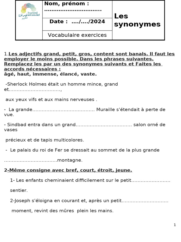 Exercices de synonymes et vocabulaire | PDF