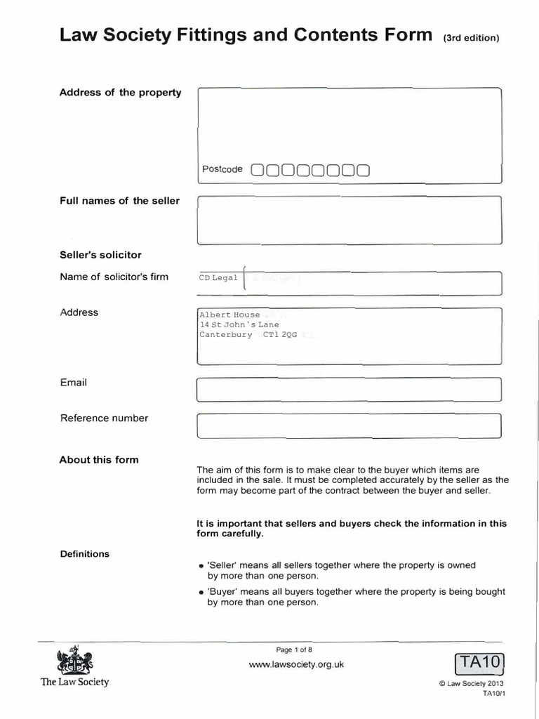 Ta10 Fittings and Contents Form | PDF