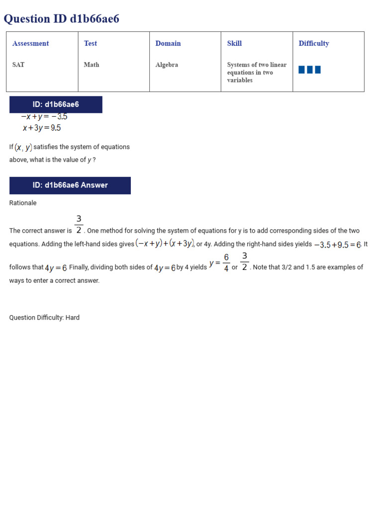 Systems of Linear Equations (Hard) Answers | PDF | Equations | Algebra