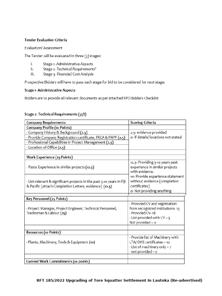 Tender Evaluation Criteria | PDF