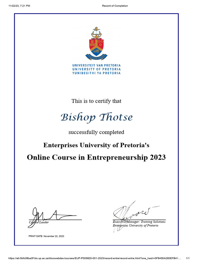 Record of Completion Bishop | PDF