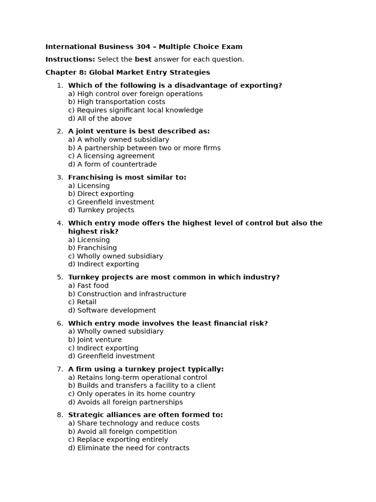 International Business Exam: Entry Strategies | PDF | Taxes | Exchange Rate