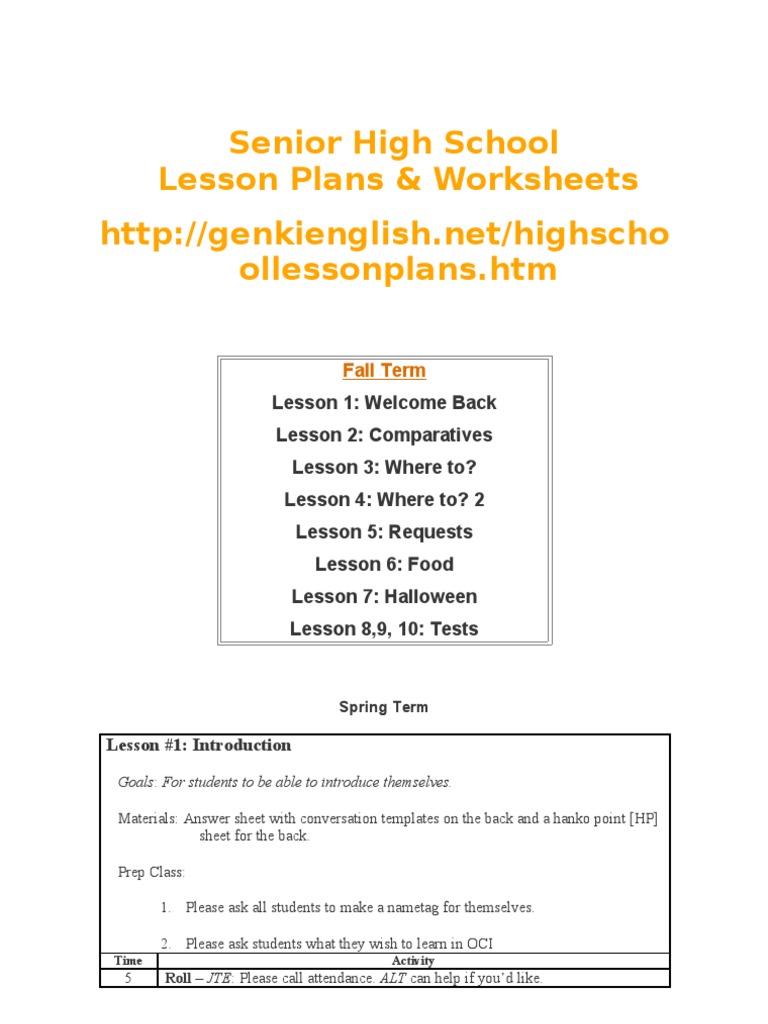 Senior High School Lesson Plans - Worksheets | PDF | Question | Test ...