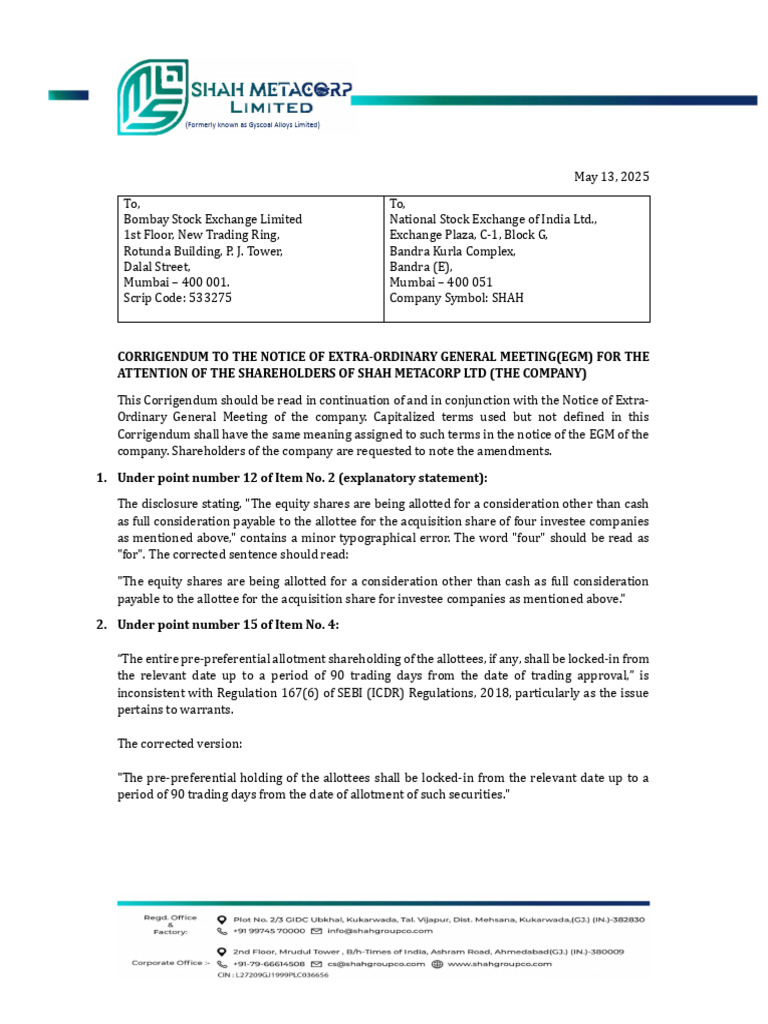 Corrigendum To The Notice of Extra-Ordinary General Meeting (Egm) For ...