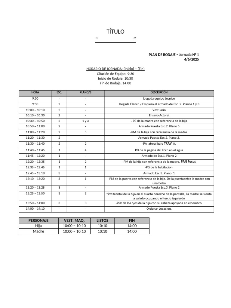 Plan de Rodaje Jornada 1 - 4/6/2025 | PDF