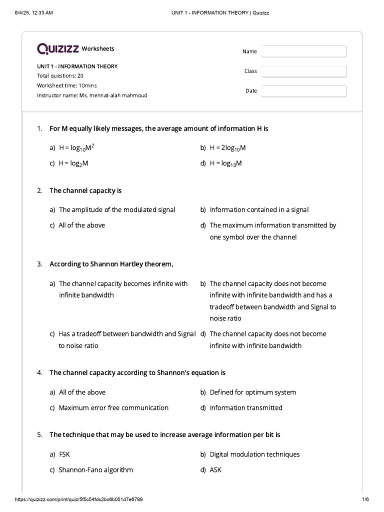 UNIT 1 - INFORMATION THEORY _ Quizizz | PDF | Information And Communications Technology ...
