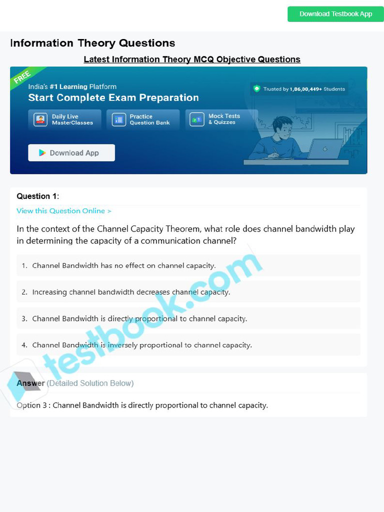 MCQ On Information Theory 5eea6a0f39140f30f369e6a1 | PDF