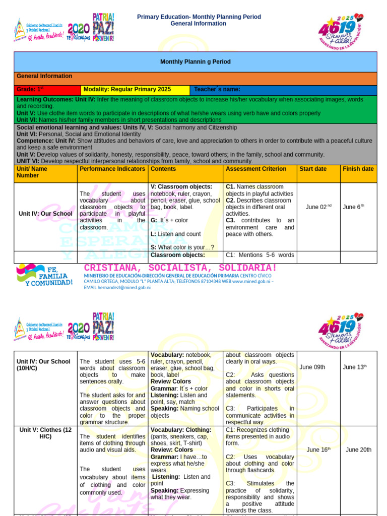 Monthly Planning Period First Grade, June - July 2025, Jamileth ...