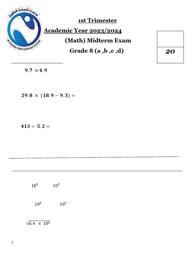 Grade 8 Math Midterm Exam 2023/24 | PDF