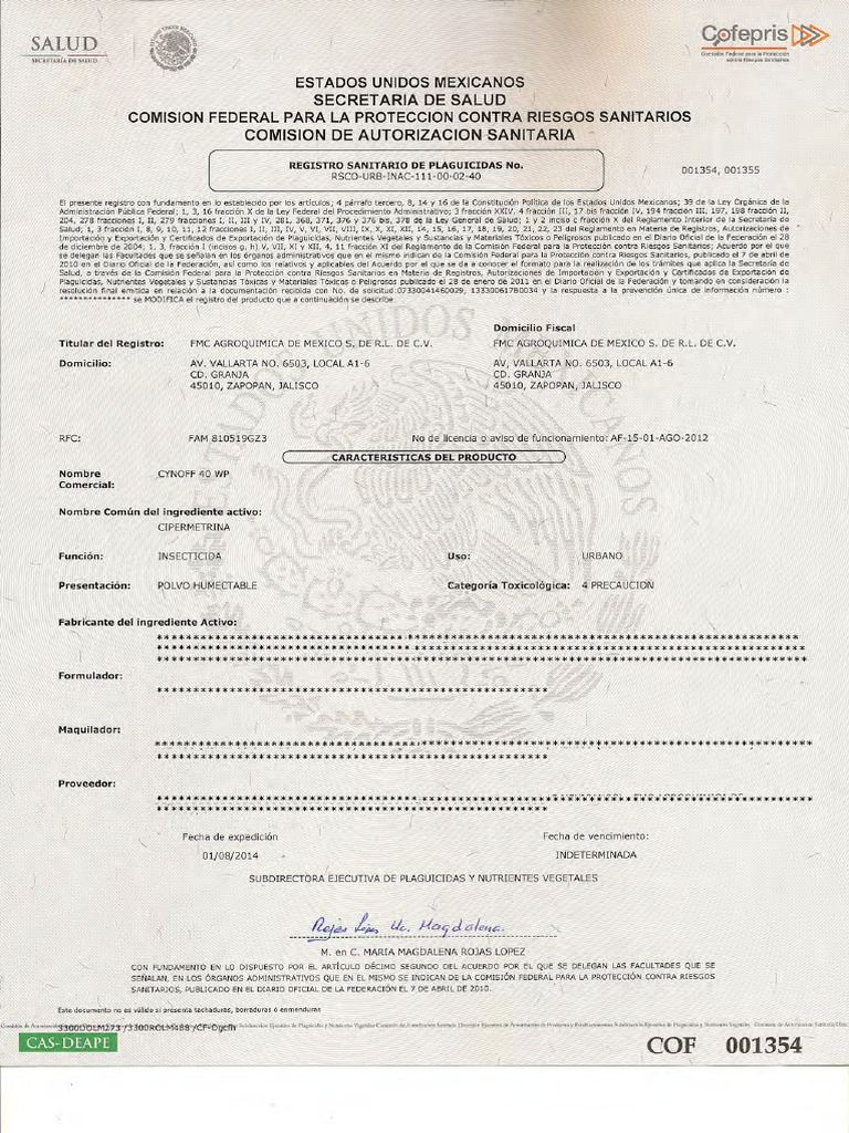Cynoff 40 WP Registro Cofepris | PDF