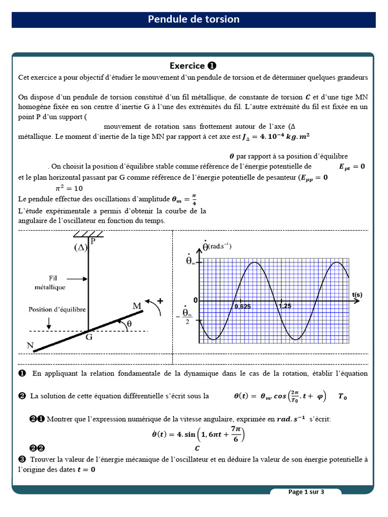 Exercice corrigé sur le pendule de torsion | PDF | Pendule (physique ...