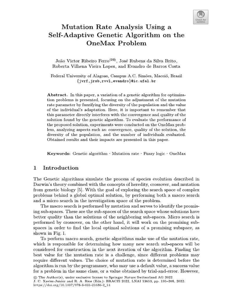 9 Mutation Rate Analysis Using A Self-Adaptive Genetic Algorithm On The OneMax Problem | PDF