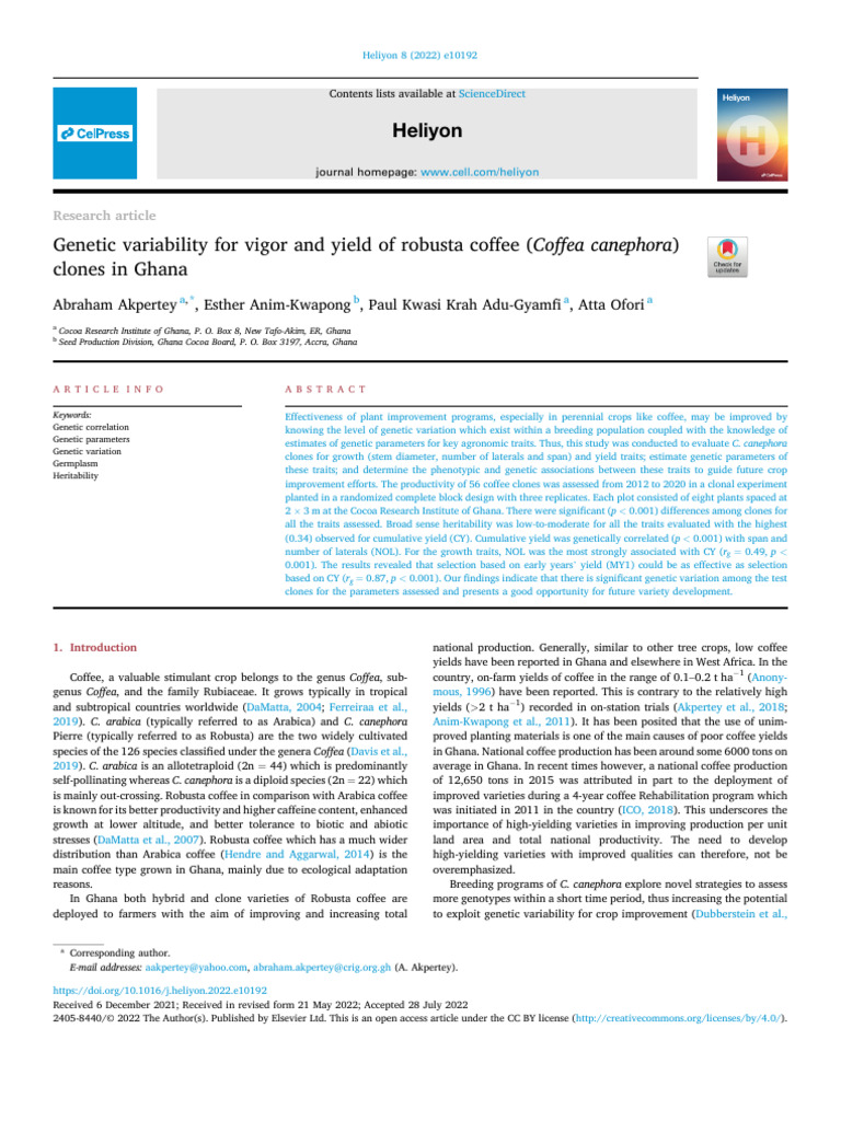 Genetic Variability For Vigor and Yield of Robusta Coffee (Coffea ...