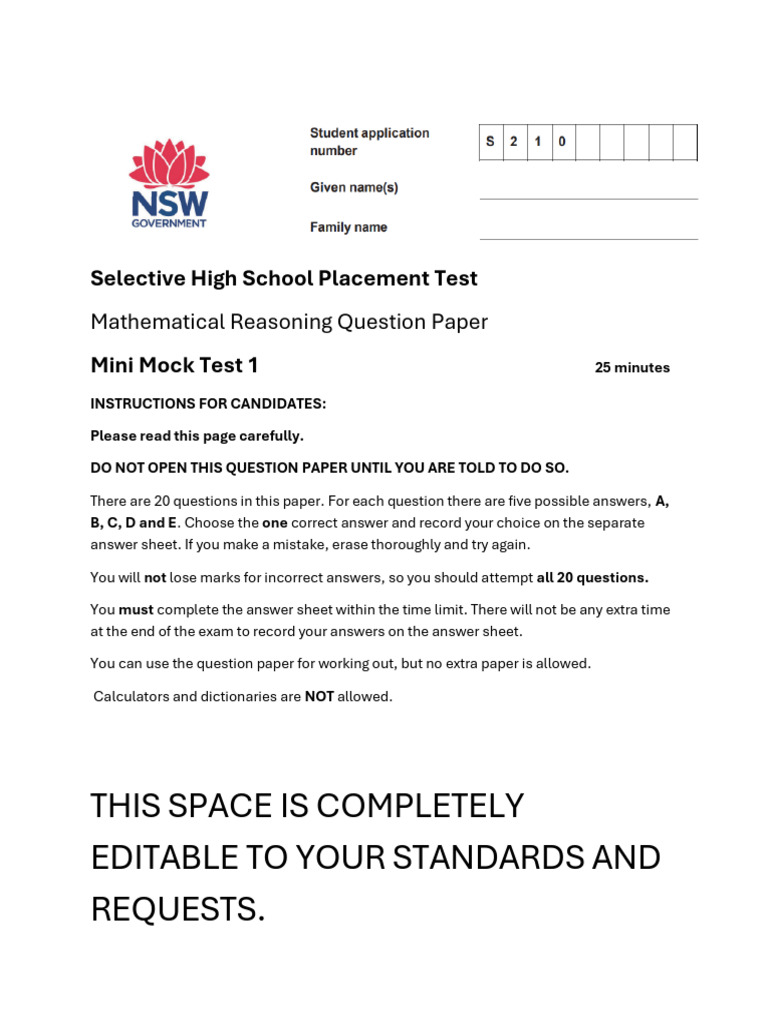 Selective Paper Mini Mock Paper 1 (Maths Reasoning) | PDF