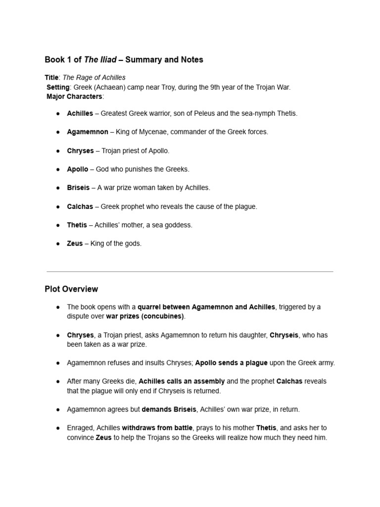 Book 1 of The Iliad - Summary and Notes | PDF
