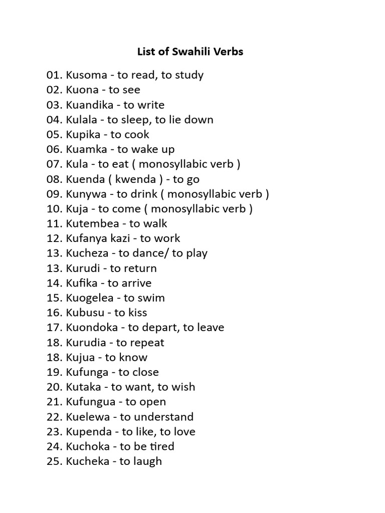 List of Swahili Verbs - Docx - Documentos Google | PDF