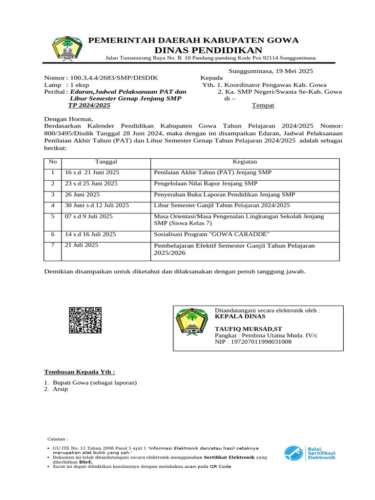 Edaran Jadwal Pelaksanaan PAT Dan Libur Semester Genap 2025 | PDF