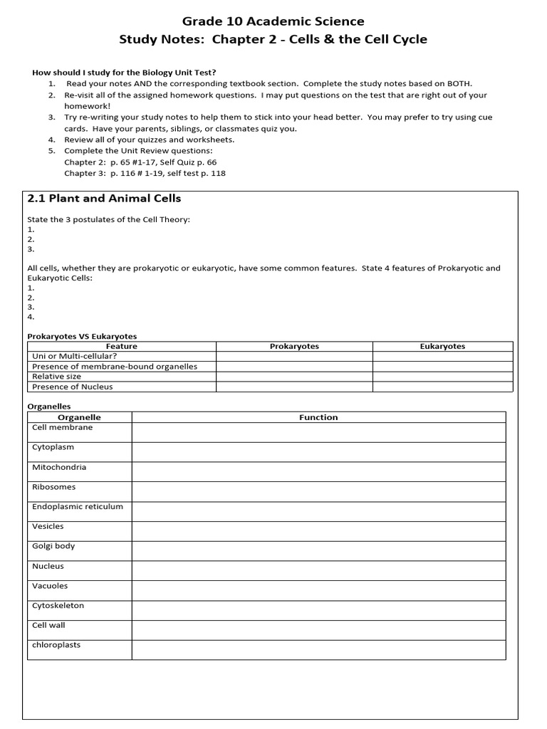 Grade 10 Academic Science Study Notes: Chapter 2 - Cells & The Cell ...