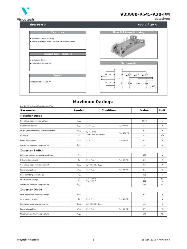 Vincotech V23990-P545-A20 FD-Rev 04 | PDF | Diode | Power Inverter