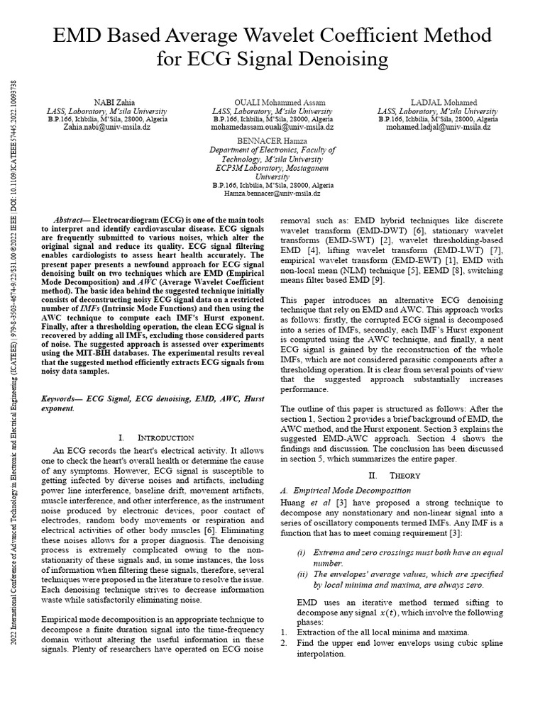EMD Based Average Wavelet Coefficient Method for ECG Signal Denoising | PDF | Computer ...