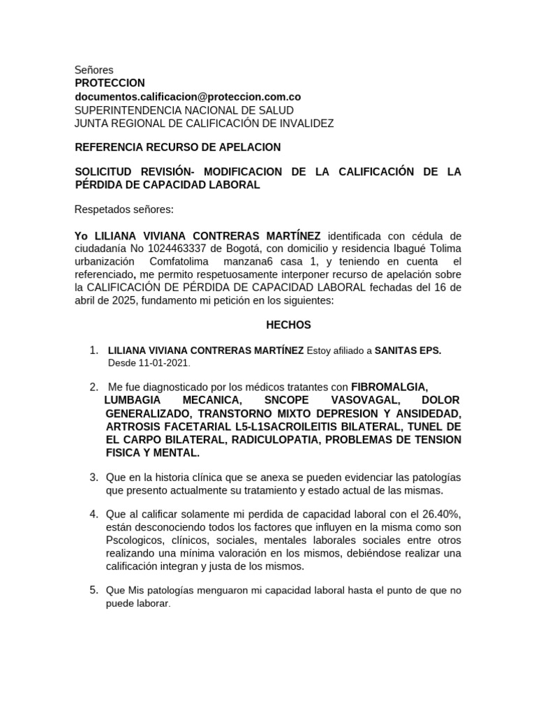 Apelacion Dictamen de Perdida Capacidad Laboral PDF | PDF | Fibromialgia | Dolor