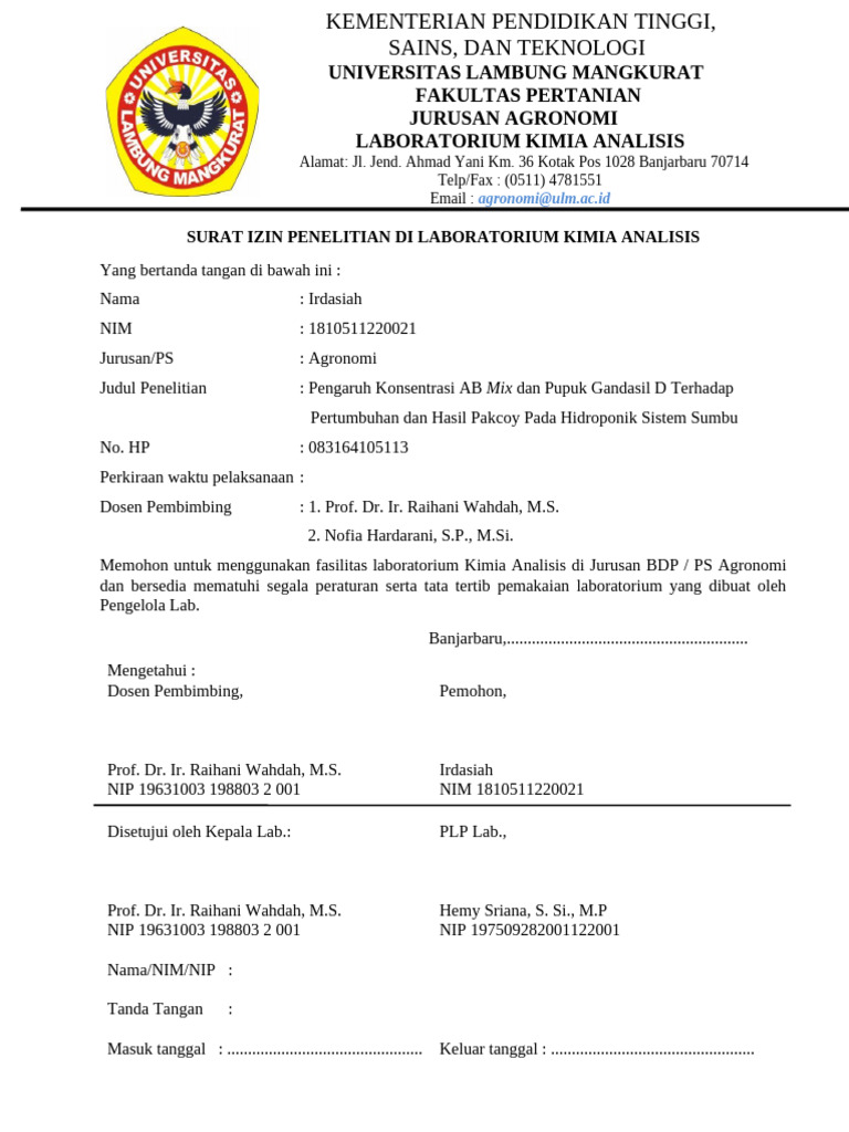 Irda Surat Izin Penelitian Lab Kimia Analisis | PDF