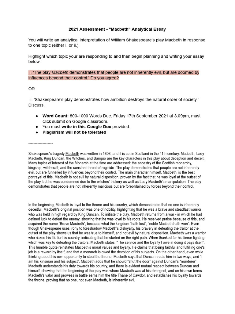 Macbeth - Analytical Essay | PDF | Macbeth